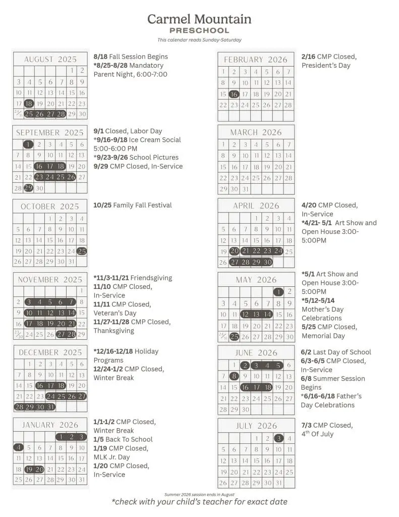 2026/2027 Parent Downloadable Calendar - Carmel Mountain Preschool